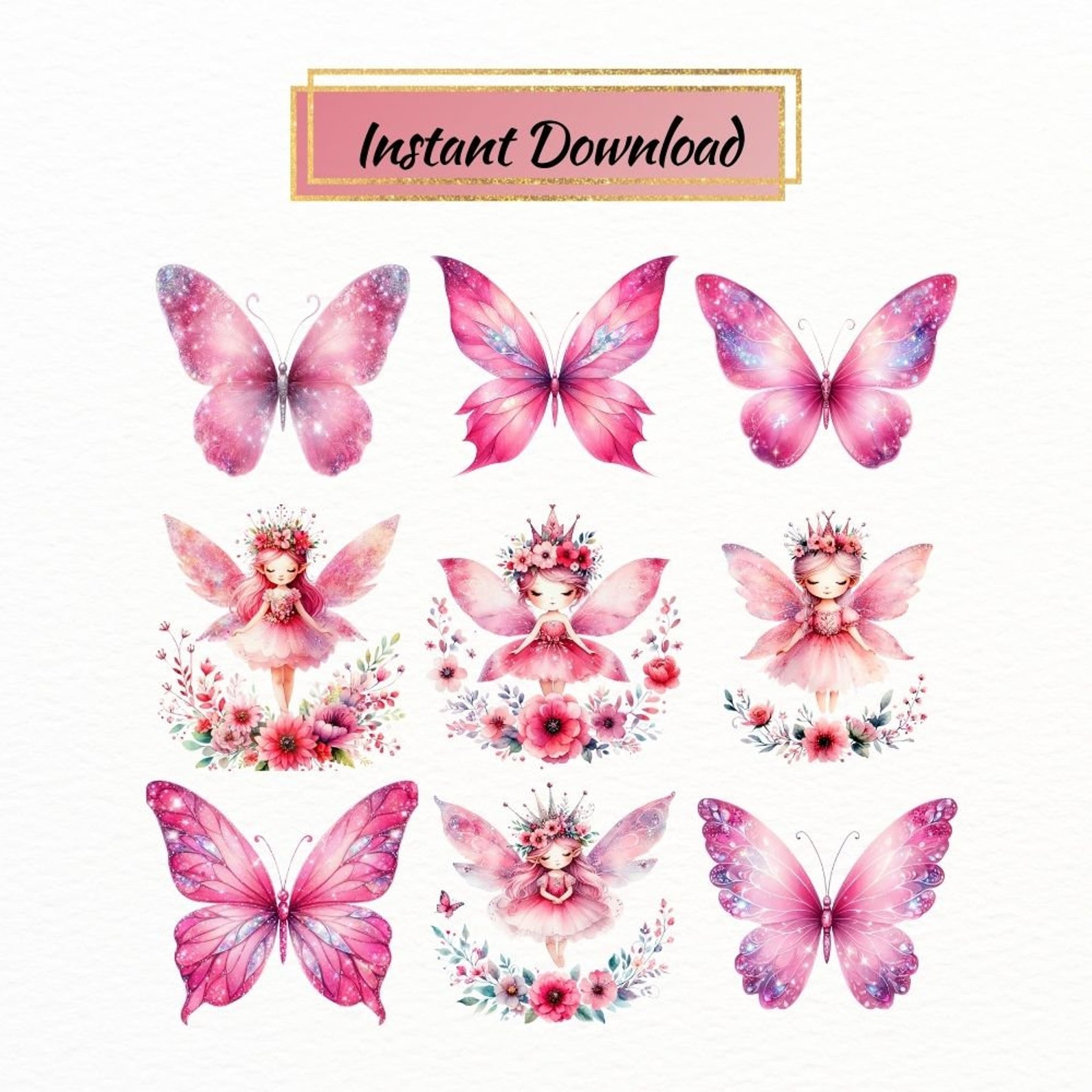 Watercolor Pink Fairy Clipart, Butterfly Fairy Png Clipart Bundle ...