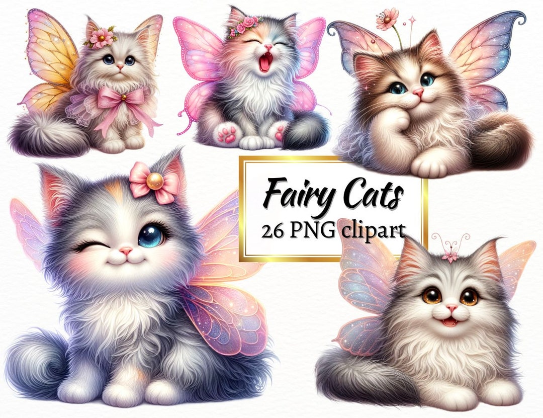 Watercolor Fairy Cat Clipart Bundle, Cute Kitty Fantasy Fairies PNG ...