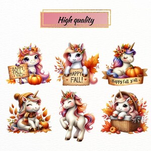 Watercolor Fall Unicorn Clipart Bundle, Cute Autumn Unicorn PNG ...