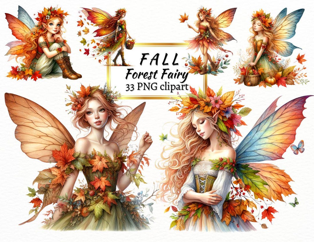 Watercolor Fall Forest Fairy Clipart Bundle, Autumn Fairies PNG ...
