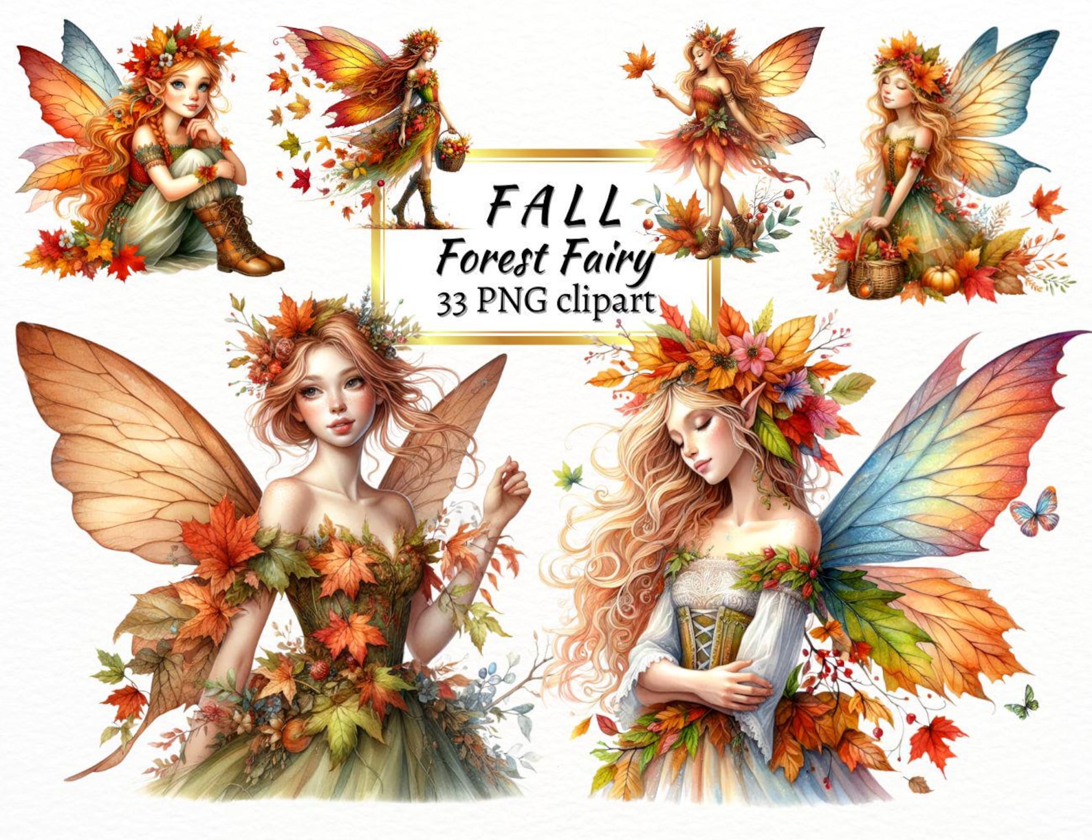 Watercolor Fall Fairy Clipart: Autumn Forest PNG Bundle (digital ...