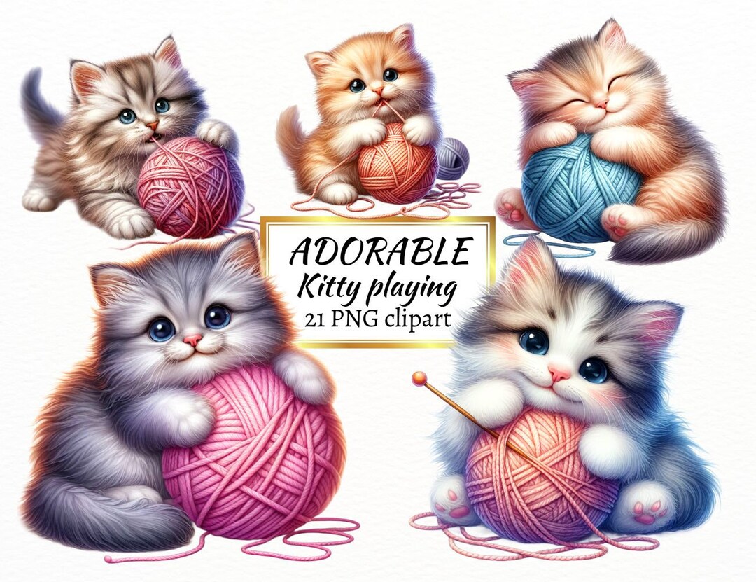 Kitten Clipart Bundle: Watercolor Cats Playing With Yarn (PNG) - Etsy