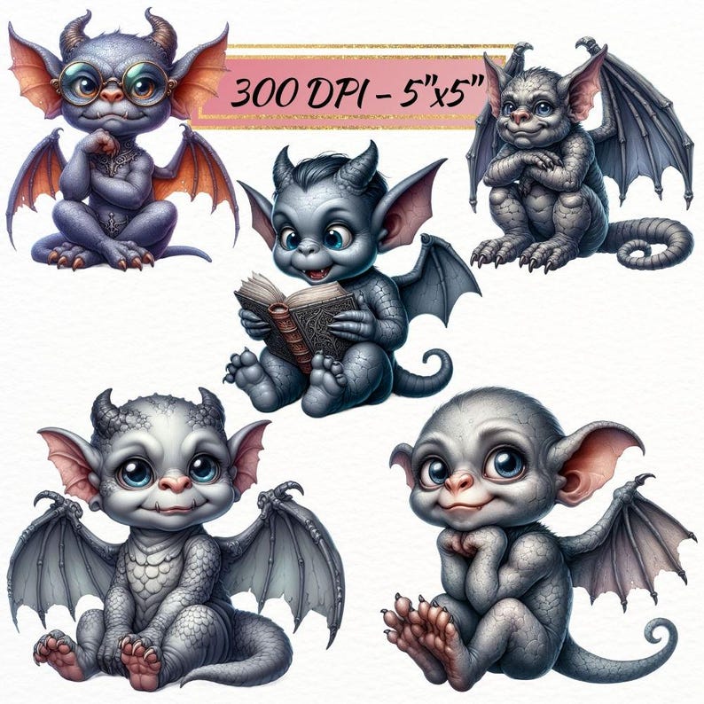 Watercolor Baby Gargoyle Clipart Bundle, Stone Statue PNG (digital ...