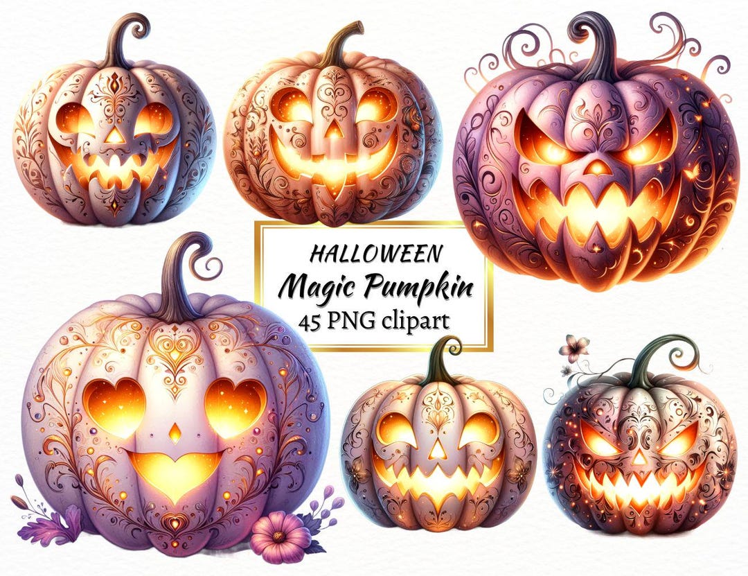 Cute Whimsical Pumpkin Clipart Bundle, Watercolor Pastel Halloween ...