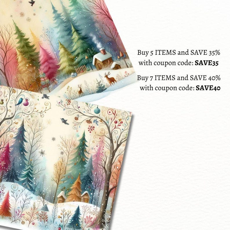 Watercolor Winter Woodland Digital Paper: Pine Tree Forest (digital ...