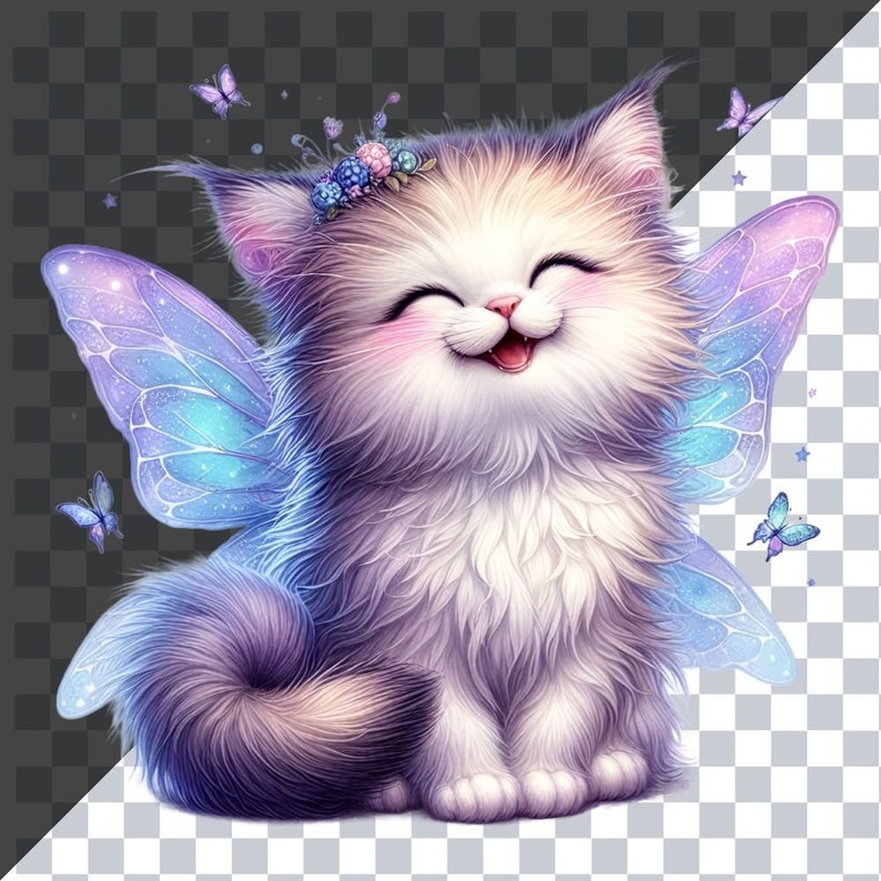 Watercolor Fairy Cat Clipart Bundle, Cute Kitty Fantasy Fairies PNG ...