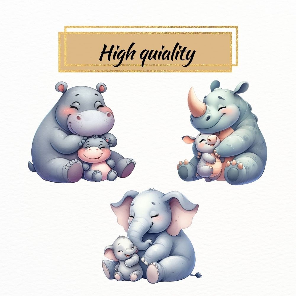 Watercolor Nursery Safari Mom and Baby Animals Clipart, African Animals ...