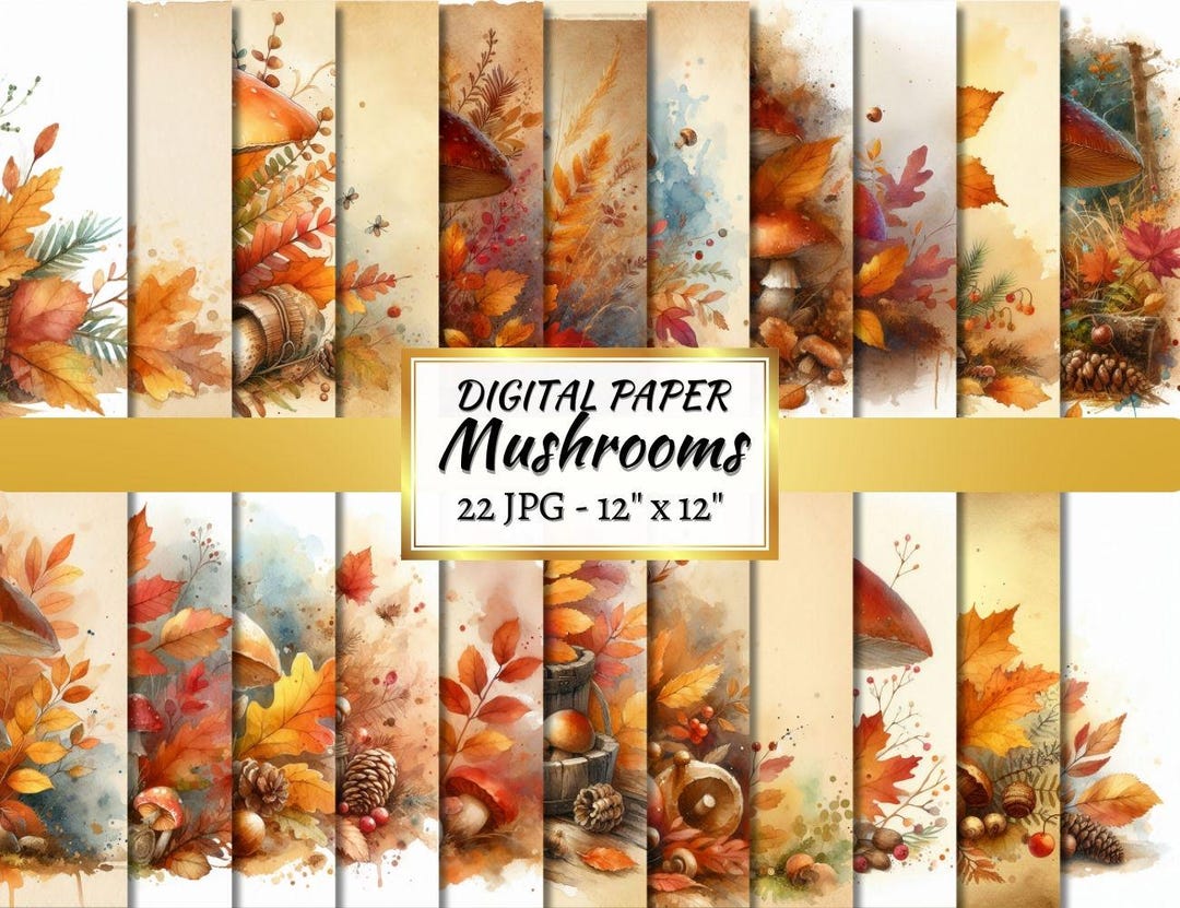 Autumn Mushroom Watercolor Digital Paper: Fall Scrapbook Backgrounds ...