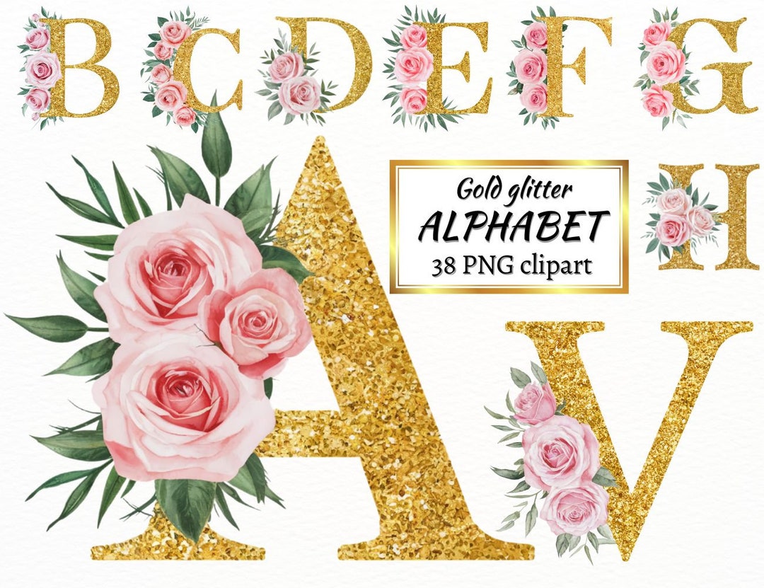 Watercolor Floral Alphabet Clipart: Gold Glitter Font (38 PNG) - Etsy