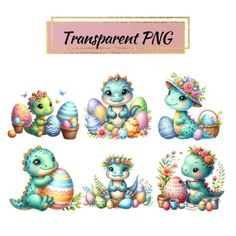 Watercolor Easter Dino Clipart: 28 PNG Baby Dinosaur Graphics (digital ...