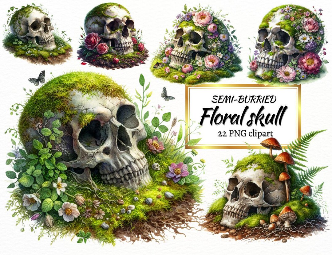 Floral Skull Clipart Bundle: Gothic PNG Graphics (free Commercial Use ...