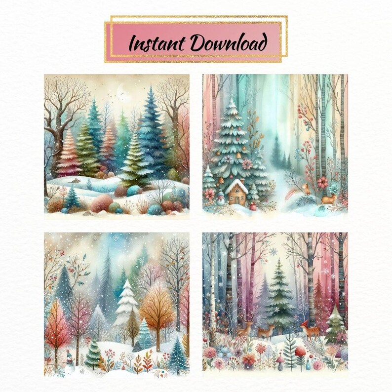 Watercolor Winter Woodland Digital Paper: Pine Tree Forest (digital ...