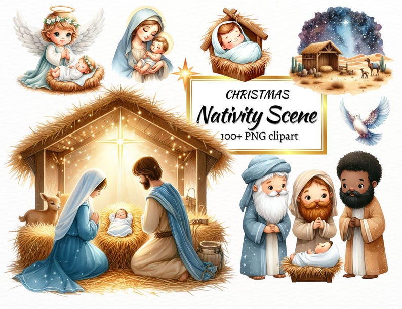 Watercolor Nativity Clipart Bundle: Holy Family, Angels, and Shepherds ...