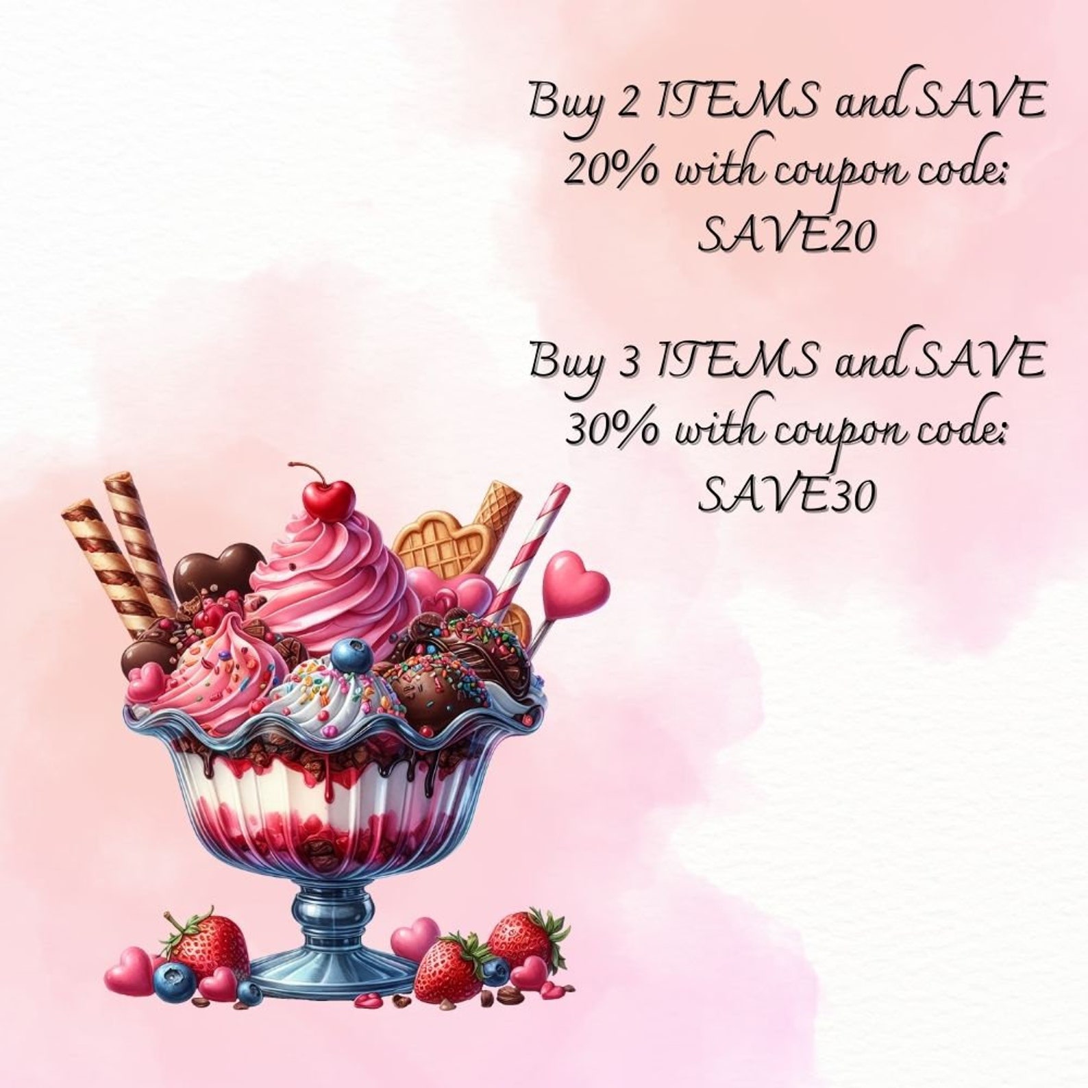 Watercolor Valentines Day Ice Cream Clipart, 25 PNG Ice Cream for ...