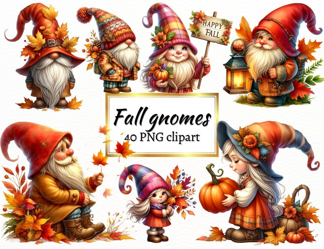 Watercolor Autumn Gnome Clipart Bundle, Fall Thanksgiving Gnomes PNG ...