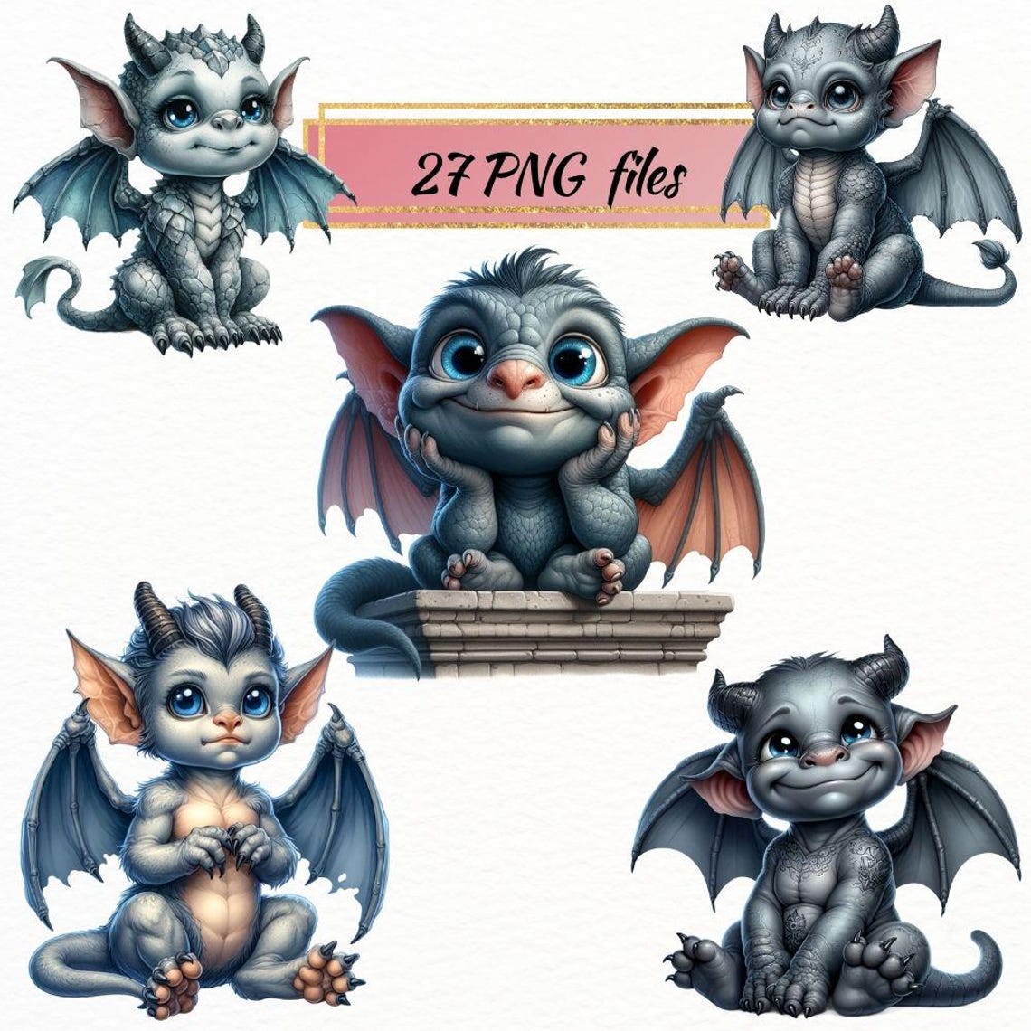 Cute Gargoyle Clipart Bundle, Watercolor Baby Gargoyle Stone Statue PNG ...