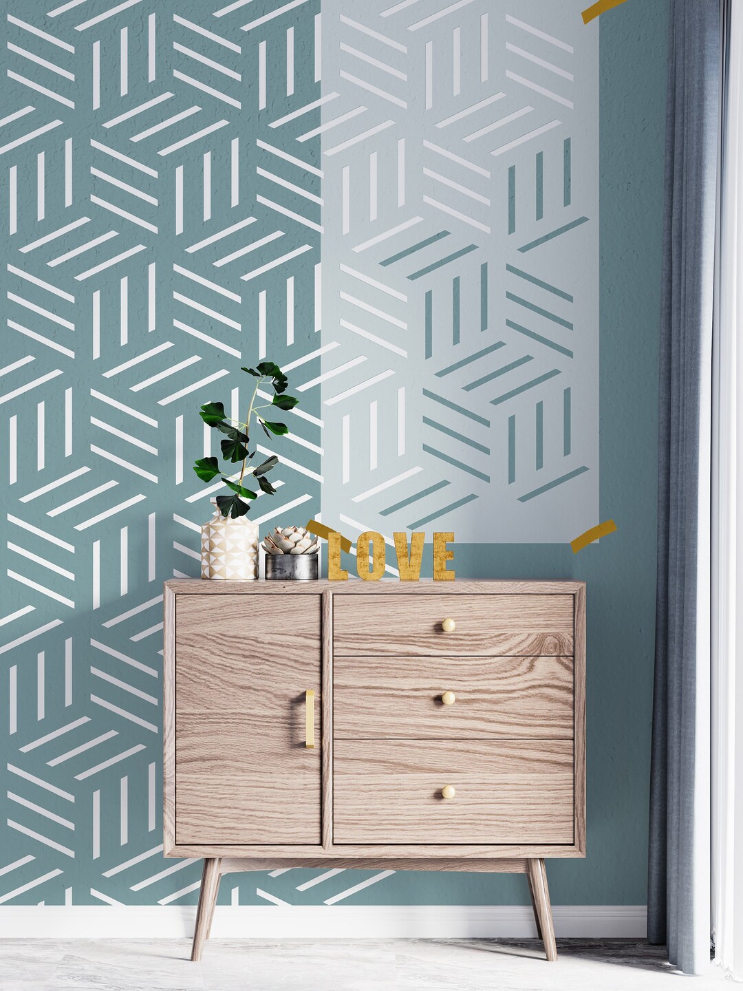 Cubic Tiling Wall Stencils Pattern - DIY Painting for Panel Design ...