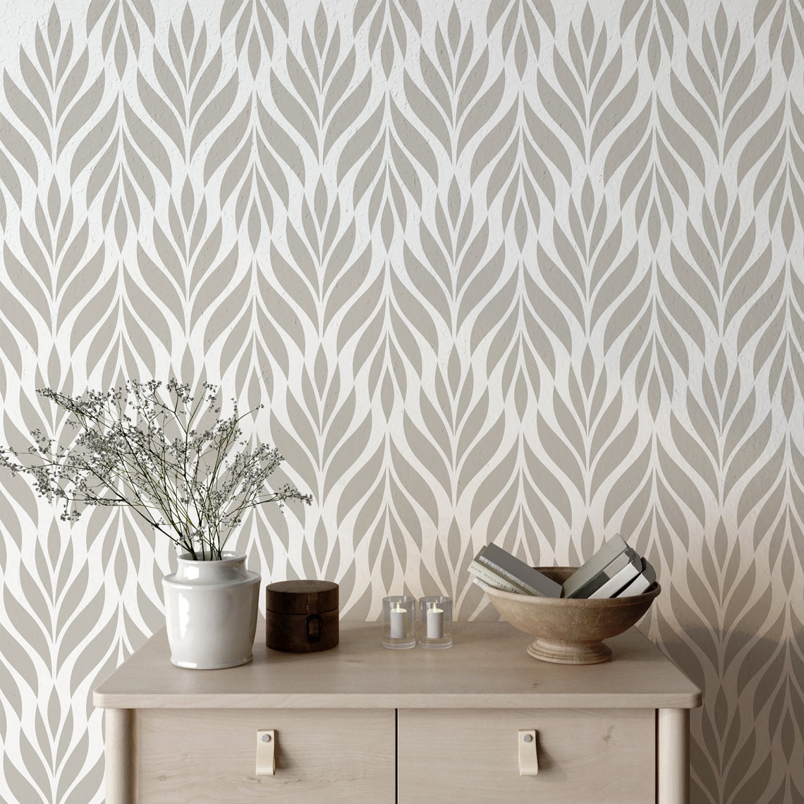 Leaves Wall Stencil: Scandinavian Style Floral Geometric Pattern - Etsy
