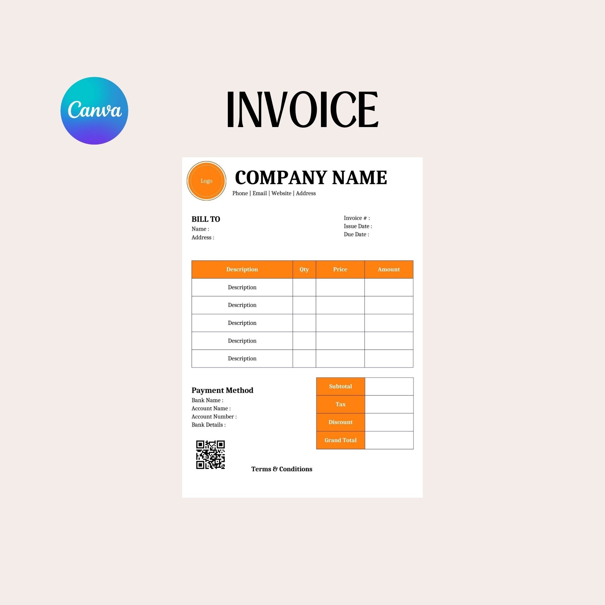 Basic Digital Invoice Canva Template With Logo, QR Code, Editable ...