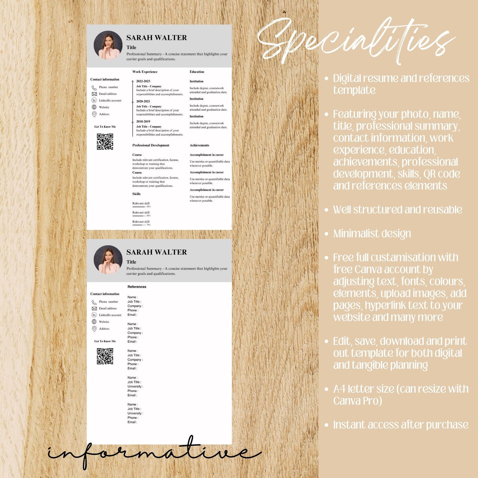 Minimalist Digital Resume and References Canva Templates With Photo, QR ...