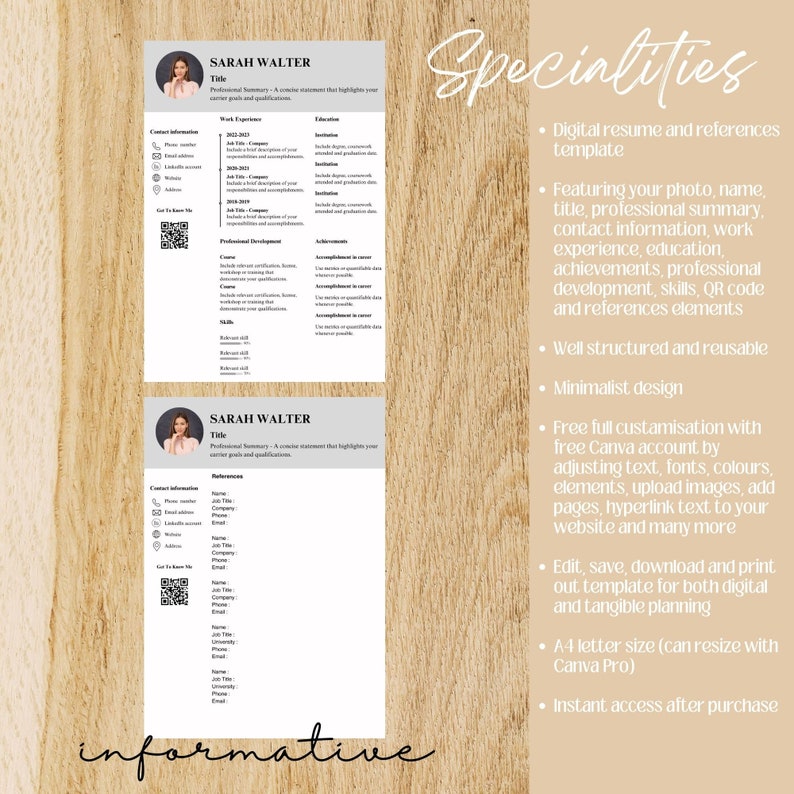 Minimalist Digital Resume and References Canva Templates With Photo, QR ...