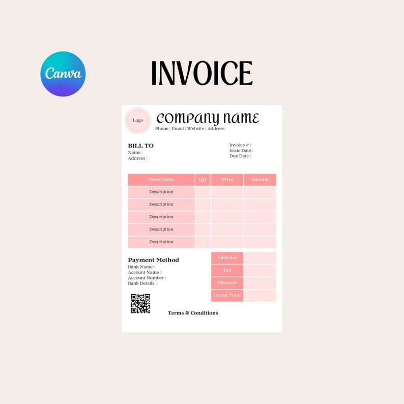Basic Digital Invoice Canva Template With Logo, QR Code, Editable ...