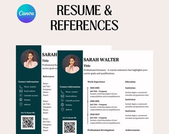 Minimalist Digital Resume and References Canva Templates With Photo, QR ...