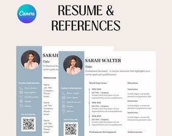 Minimalist Digital Resume and References Canva Templates With Photo, QR ...