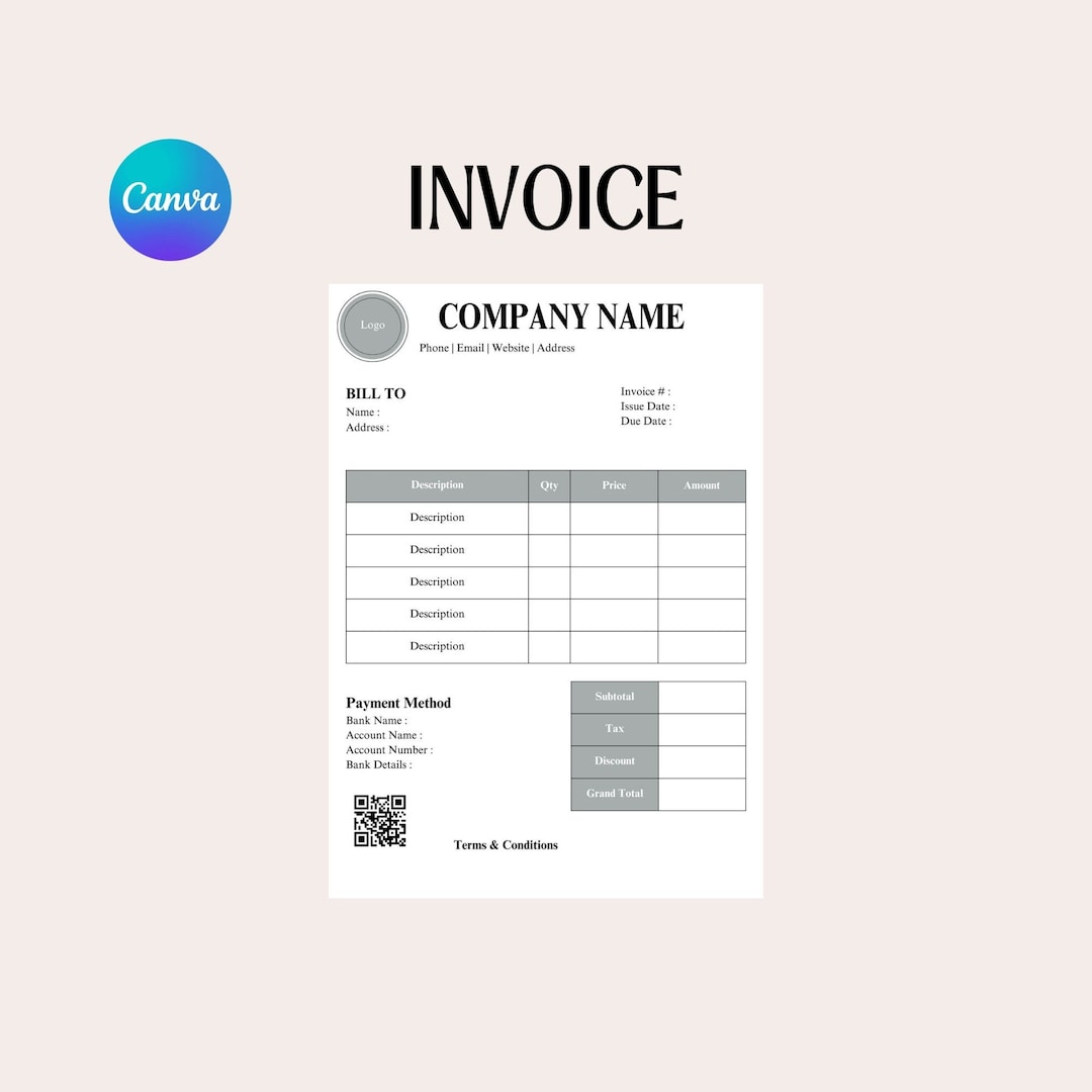 Basic Digital Invoice Canva Template With Logo, QR Code, Editable ...