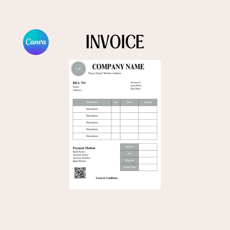 Basic Digital Invoice Canva Template With Logo, QR Code, Editable ...