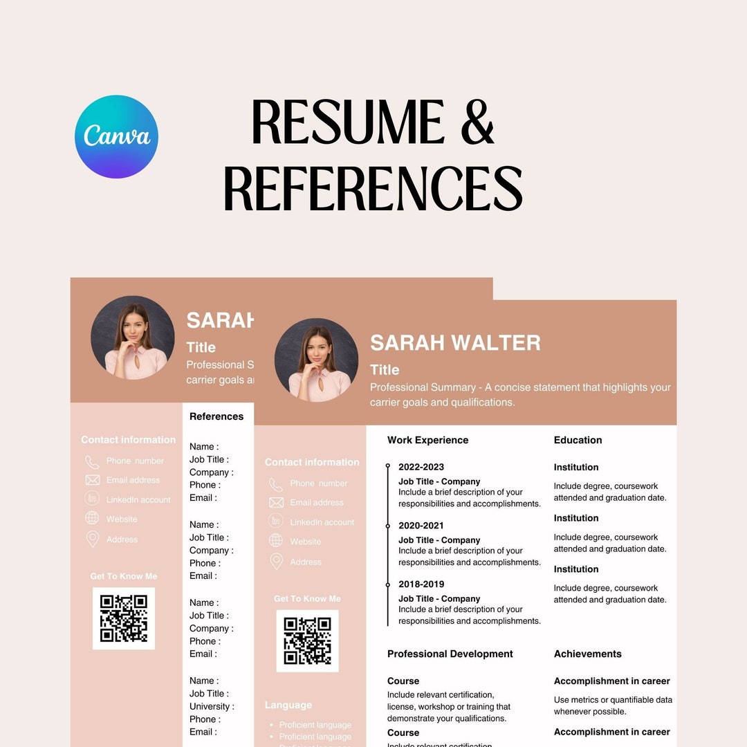 Professional Digital Resume and References Canva Templates With Photo ...