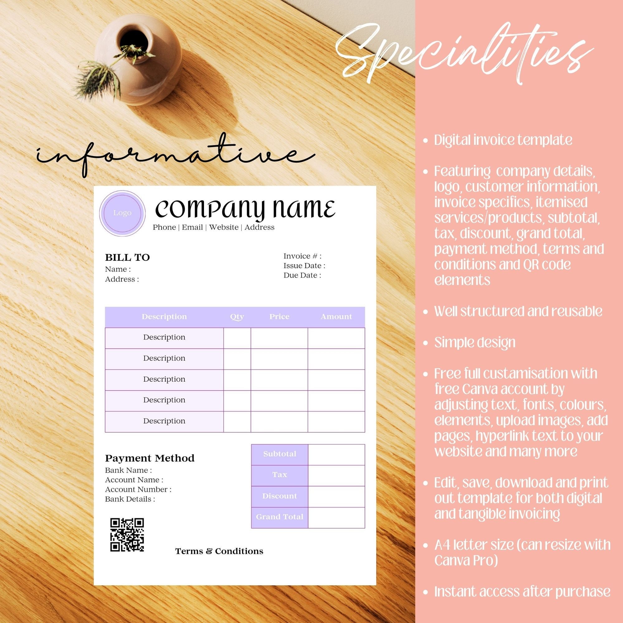 Basic Digital Invoice Canva Template With Logo, QR Code, Editable ...