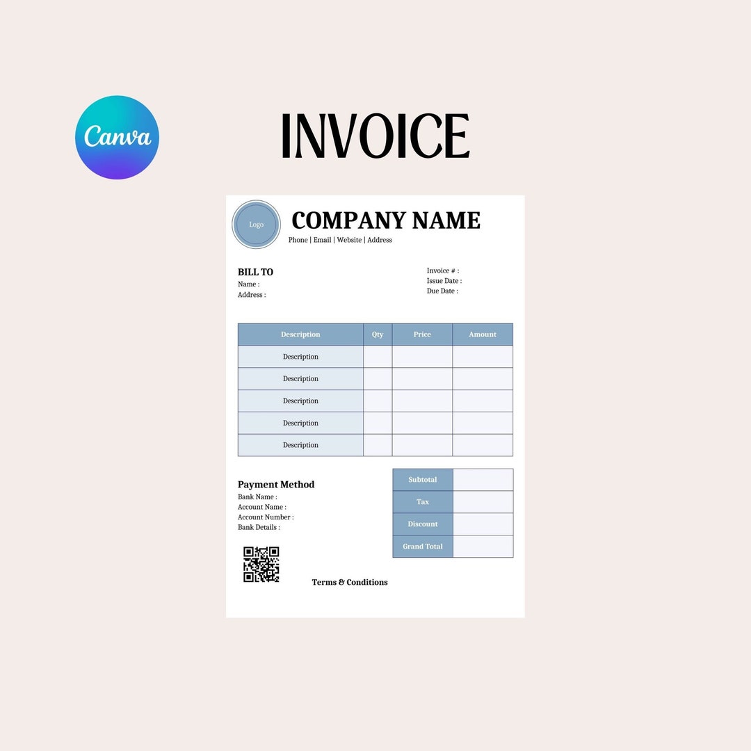 Basic Digital Invoice Canva Template With Logo, QR Code, Editable ...