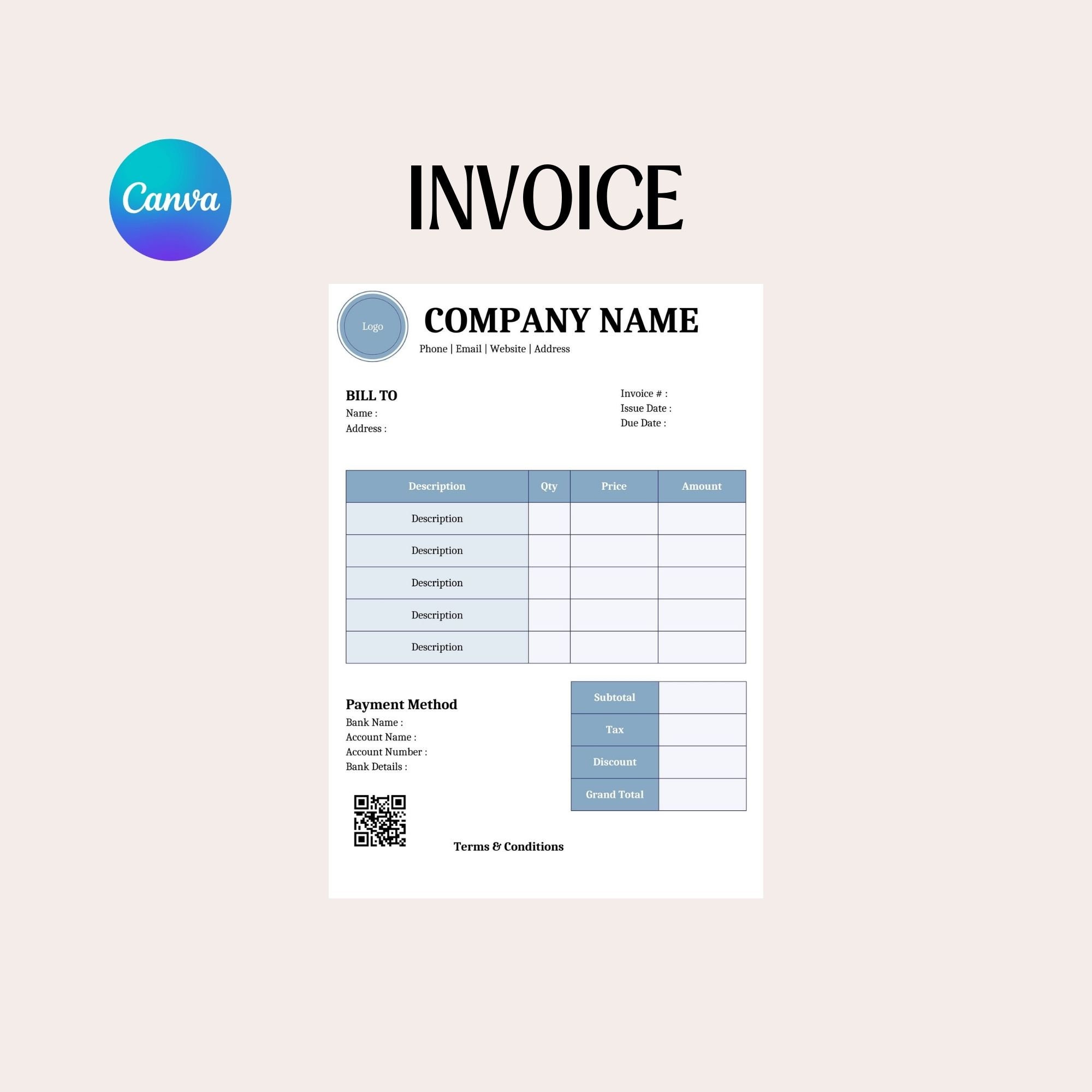 Basic Digital Invoice Canva Template With Logo, QR Code, Editable ...