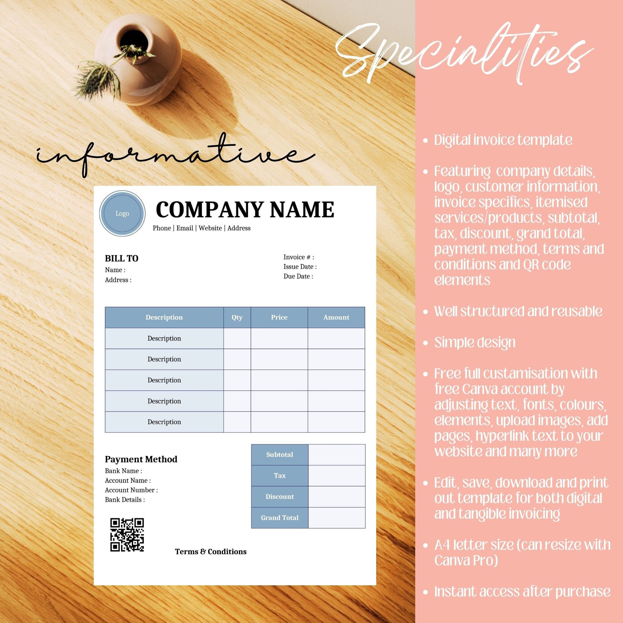 Basic Digital Invoice Canva Template With Logo, QR Code, Editable ...