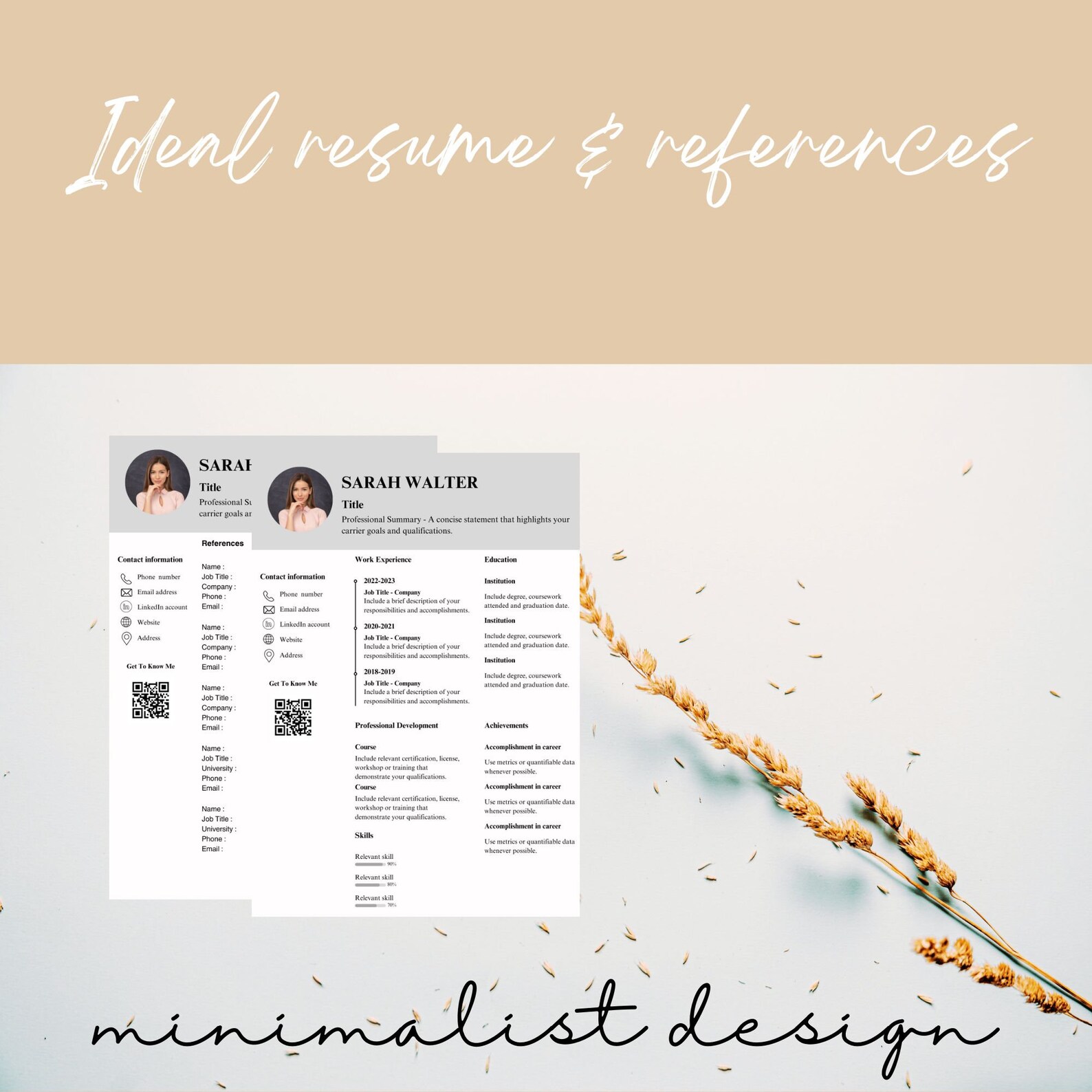 Minimalist Digital Resume and References Canva Templates With Photo, QR ...