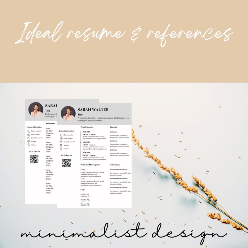 Minimalist Digital Resume and References Canva Templates With Photo, QR ...