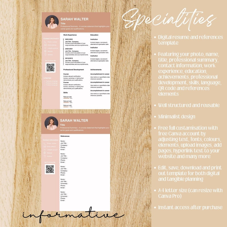Professional Digital Resume and References Canva Templates With Photo ...