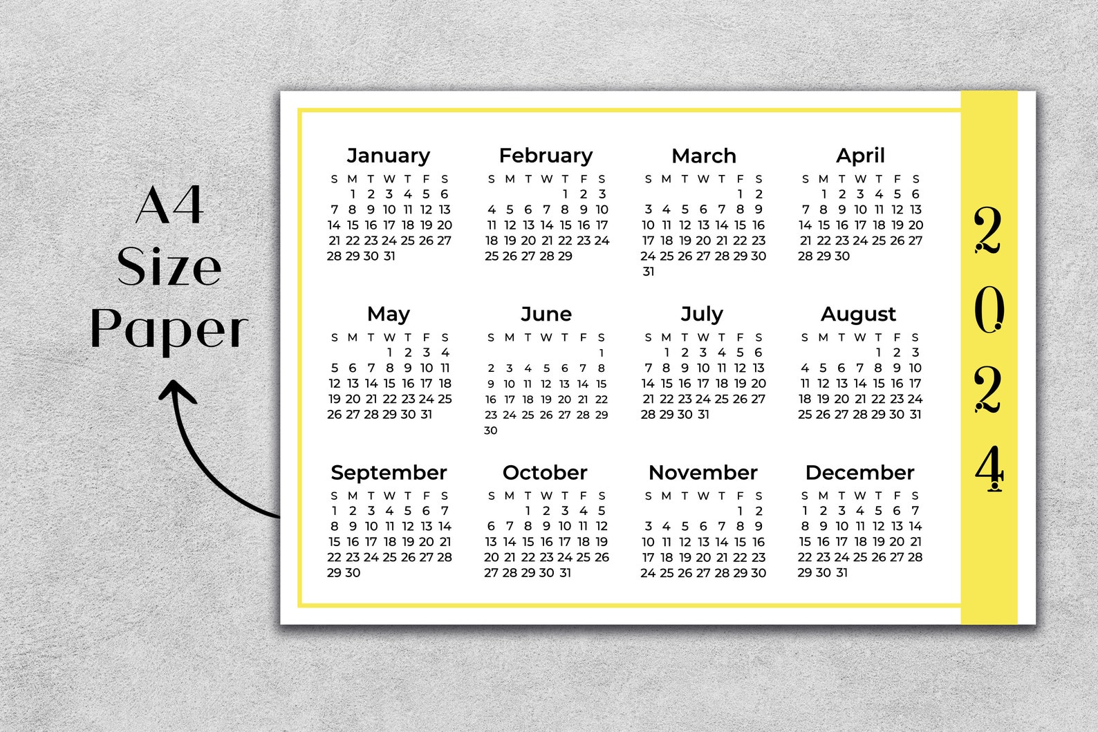 Printable 2024 Calendar, Digital Year at A Glance 2024, SVG, JPEG, PDF ...