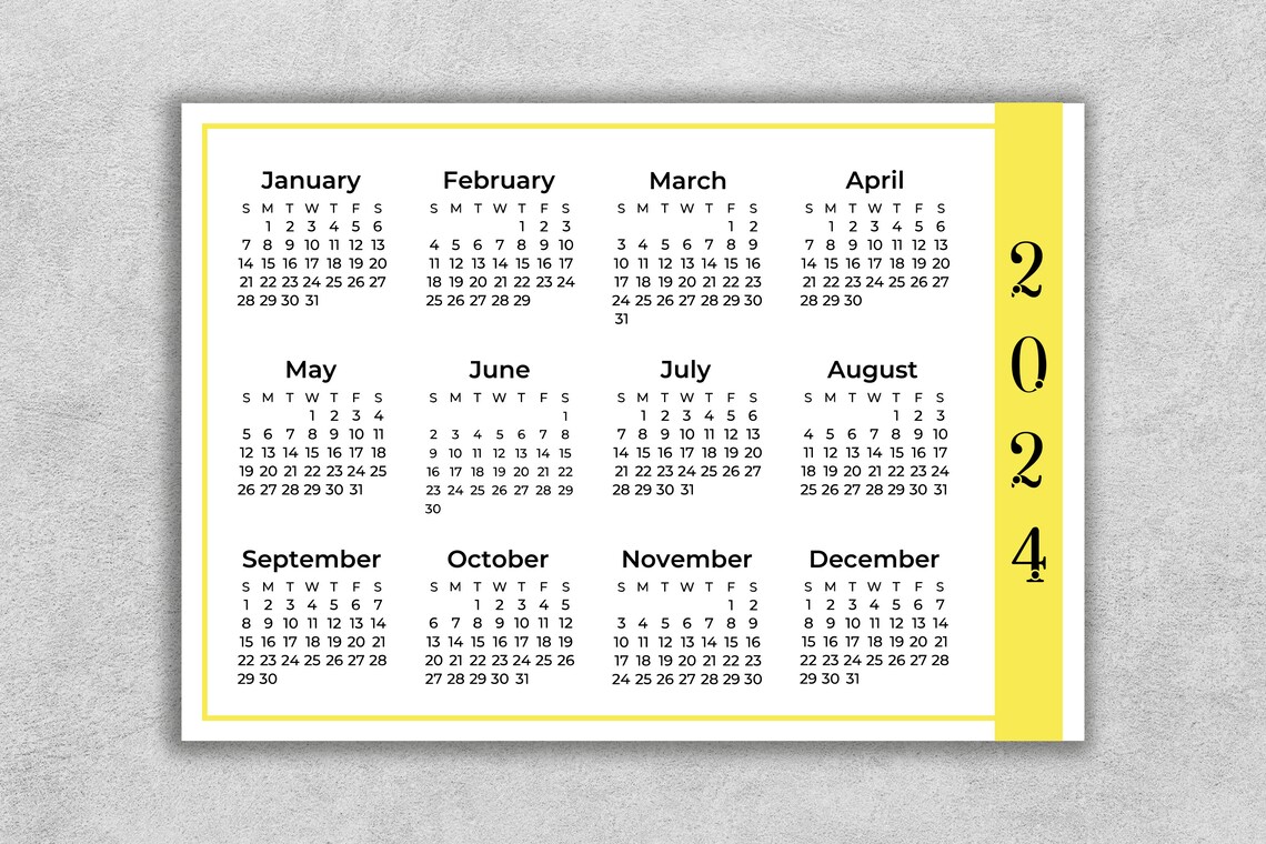Printable 2024 Calendar, Digital Year at A Glance 2024, SVG, JPEG, PDF ...