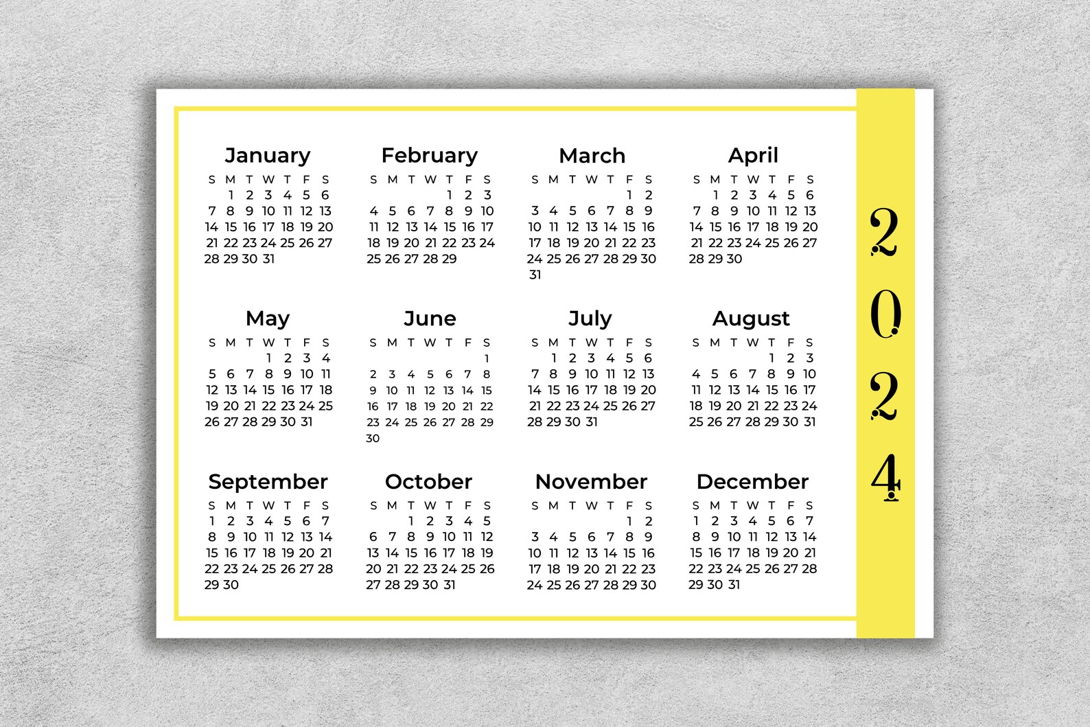 Printable 2024 Calendar, Digital Year at A Glance 2024, SVG, JPEG, PDF ...