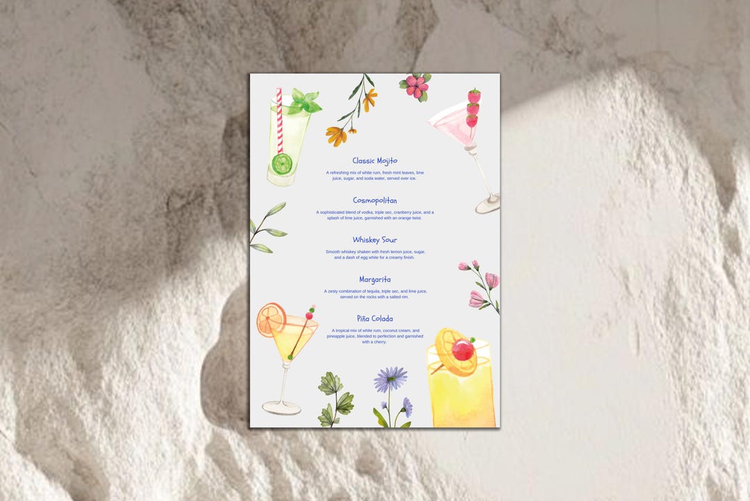 Drink Menu Template, Editable and Printable Bar, Cocktail Menu Design ...