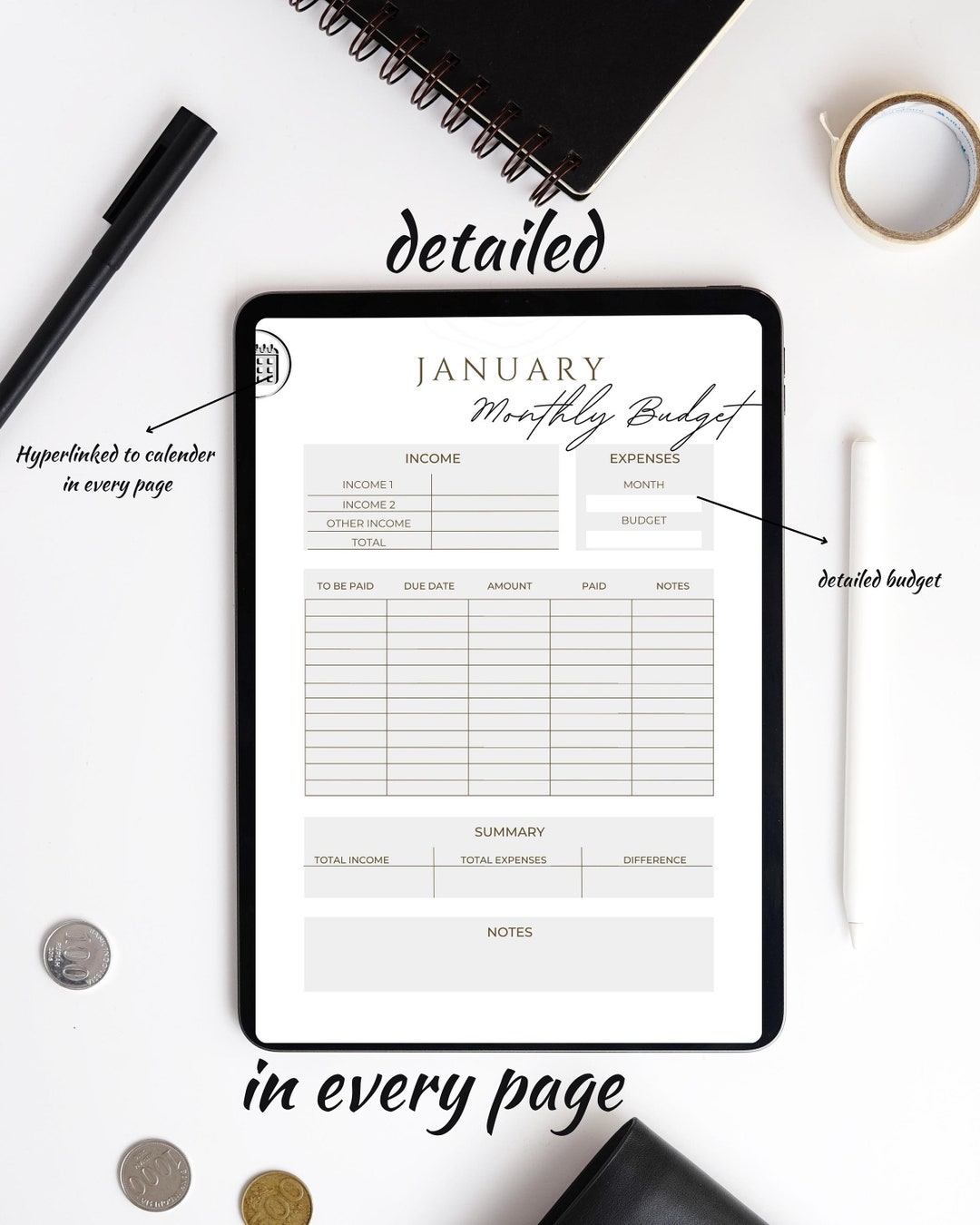 UNDATED YEARLY DIGITAL Planner, 2024 Digital Planner, Hyperlinked in ...