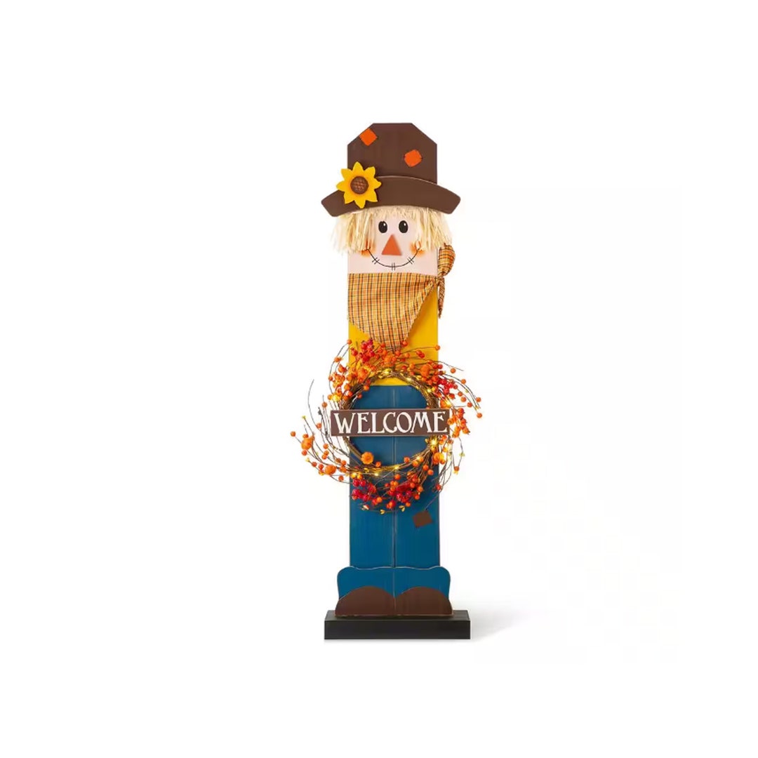 42 In. H Fall Lighted Wooden Scarecrow Porch Decor With Wreath, Fall ...