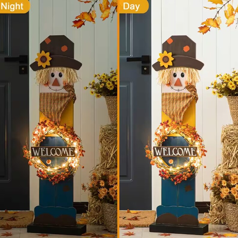 42 In. H Fall Lighted Wooden Scarecrow Porch Decor With Wreath, Fall ...