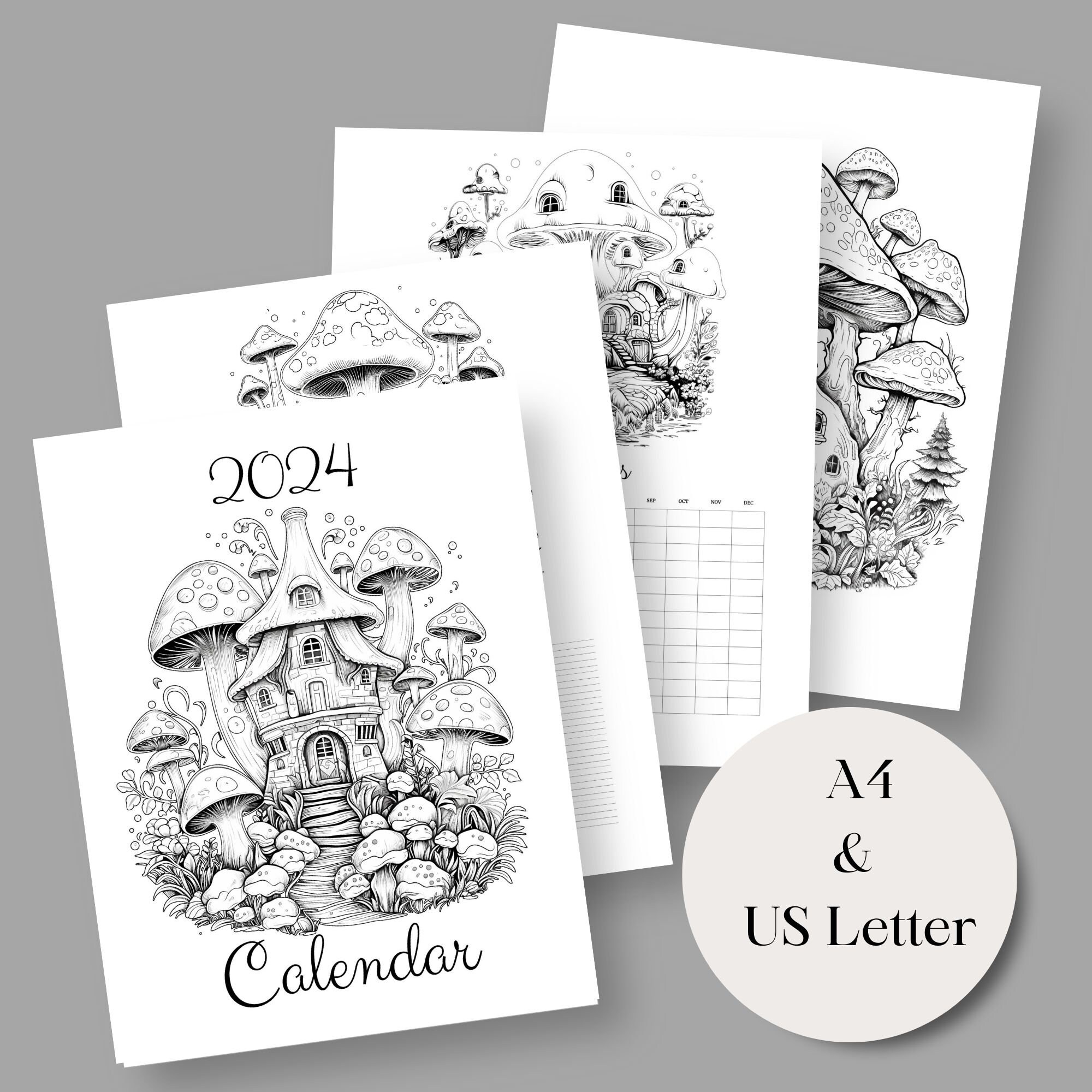 Coloring Calendar 2024 Calendar Adult Coloring Mushroom Calendar for ...