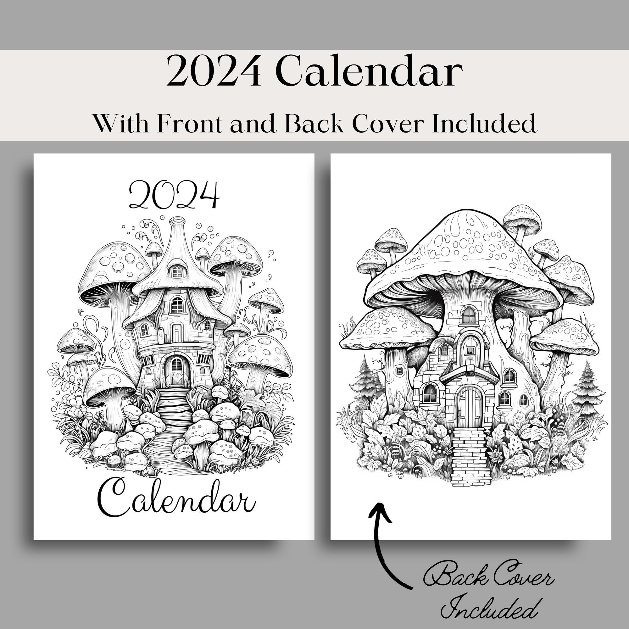 Coloring Calendar 2024 Calendar Adult Coloring Mushroom Calendar for ...