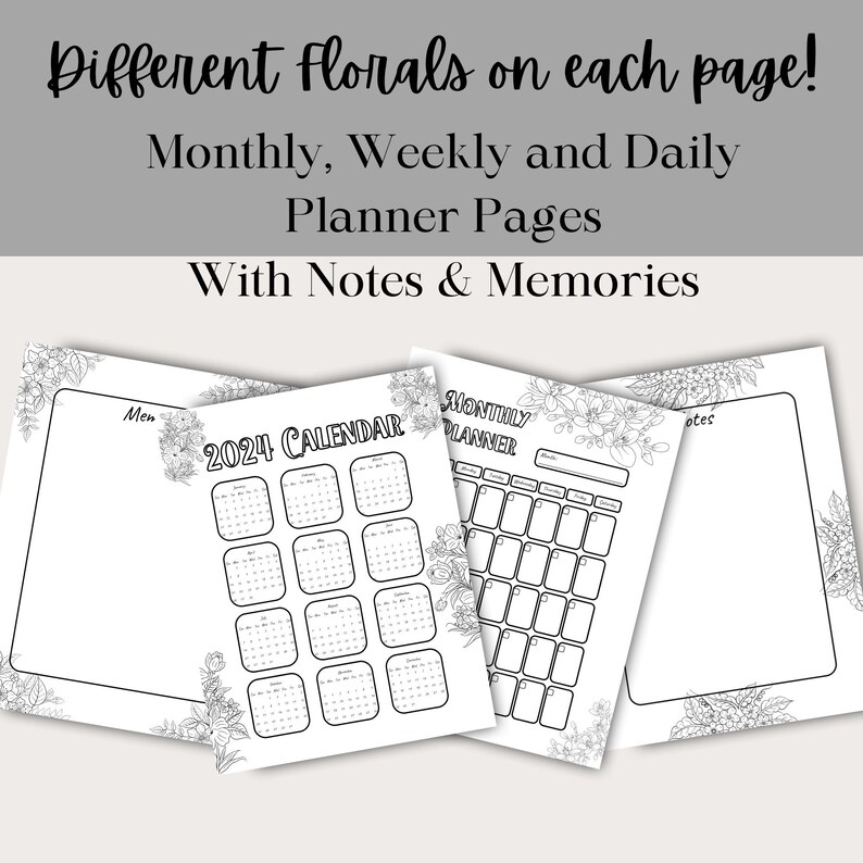 Coloring Calendar & Planner Adults 2024 Calendar Adult Coloring Floral ...