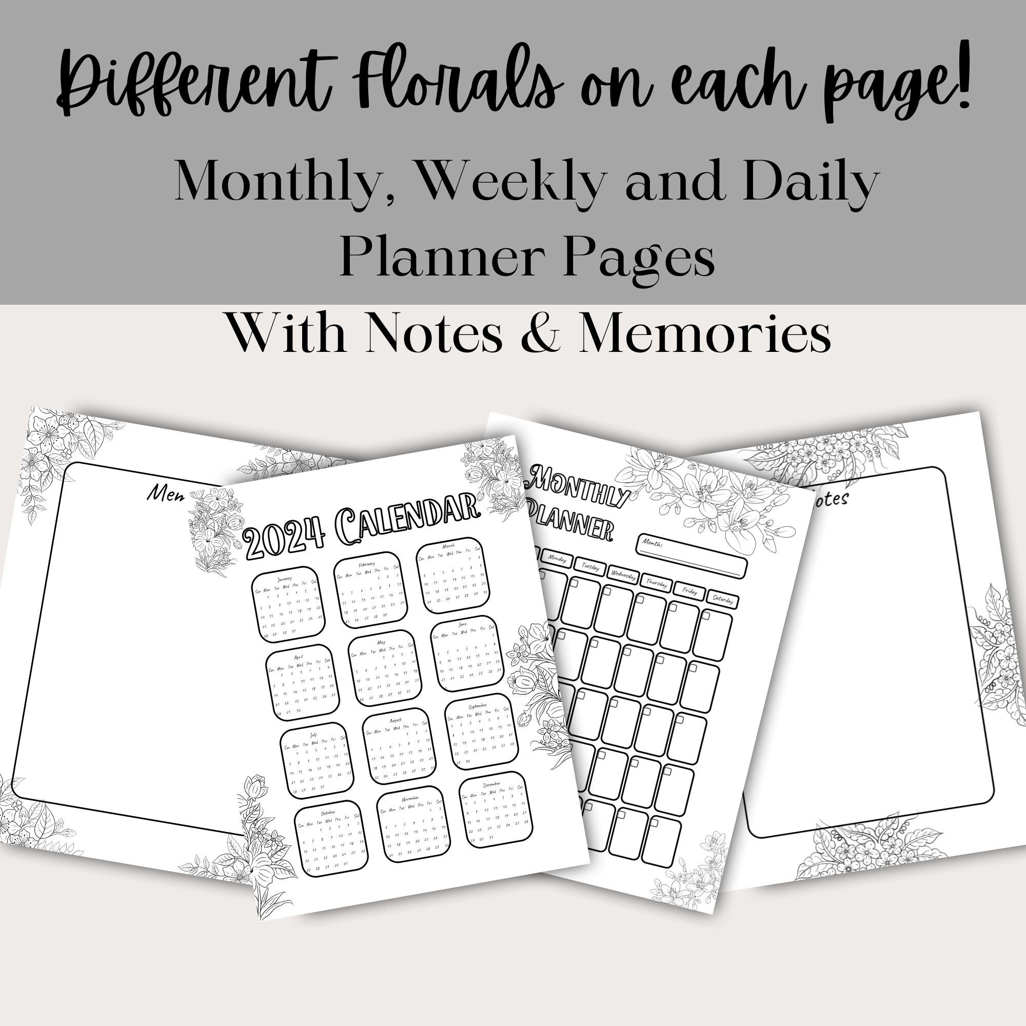 Coloring Calendar & Planner Adults 2024 Calendar Adult Coloring Floral ...