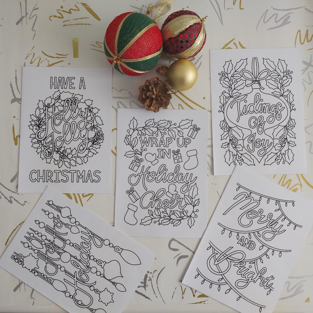Printable Coloring Christmas Card Pack Hand Drawn Xmas Cards 5 Holiday ...